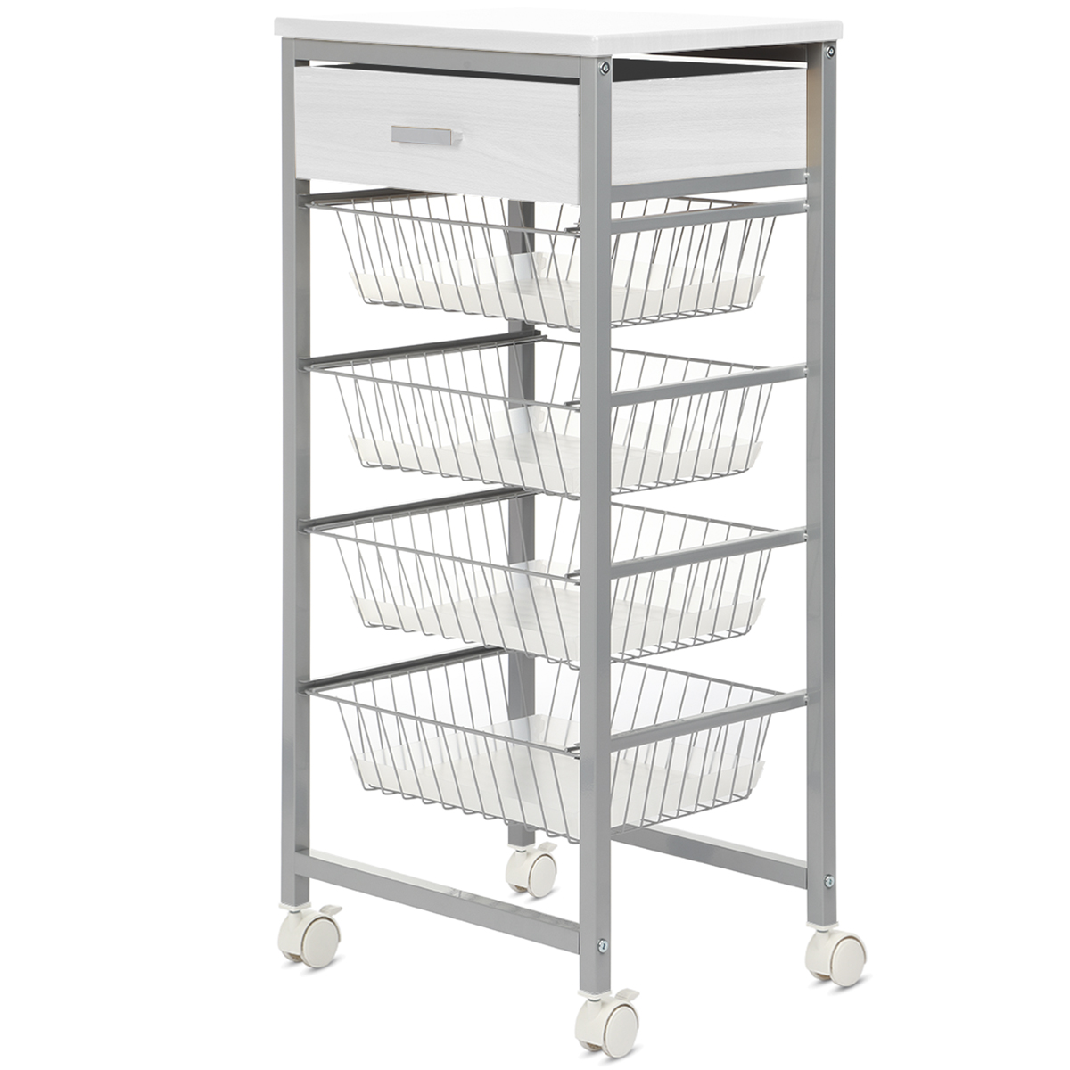 Verdulero de 4 cestas y cajón de acero y madera bl | Gadgets & Cuina